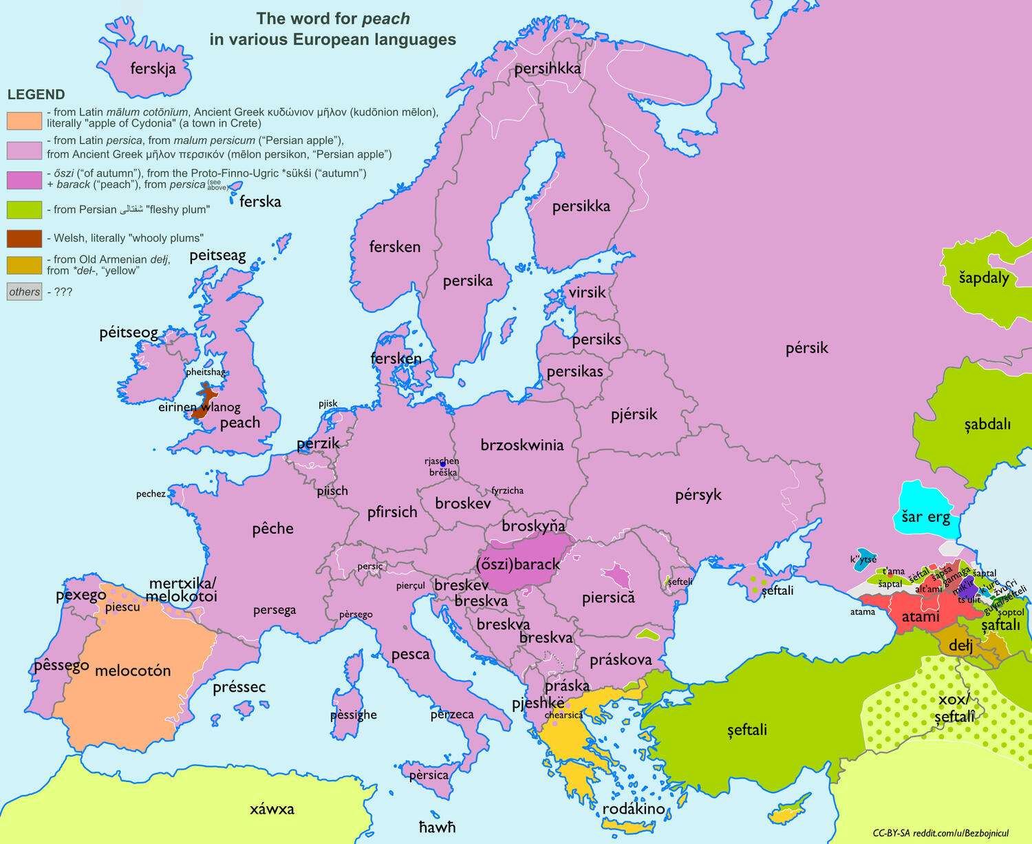 The word "peach" in various European languages